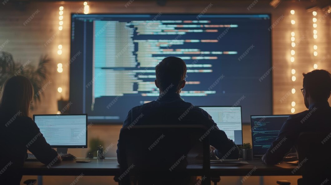 Back view of a programmer working late night on a big screen with code ...