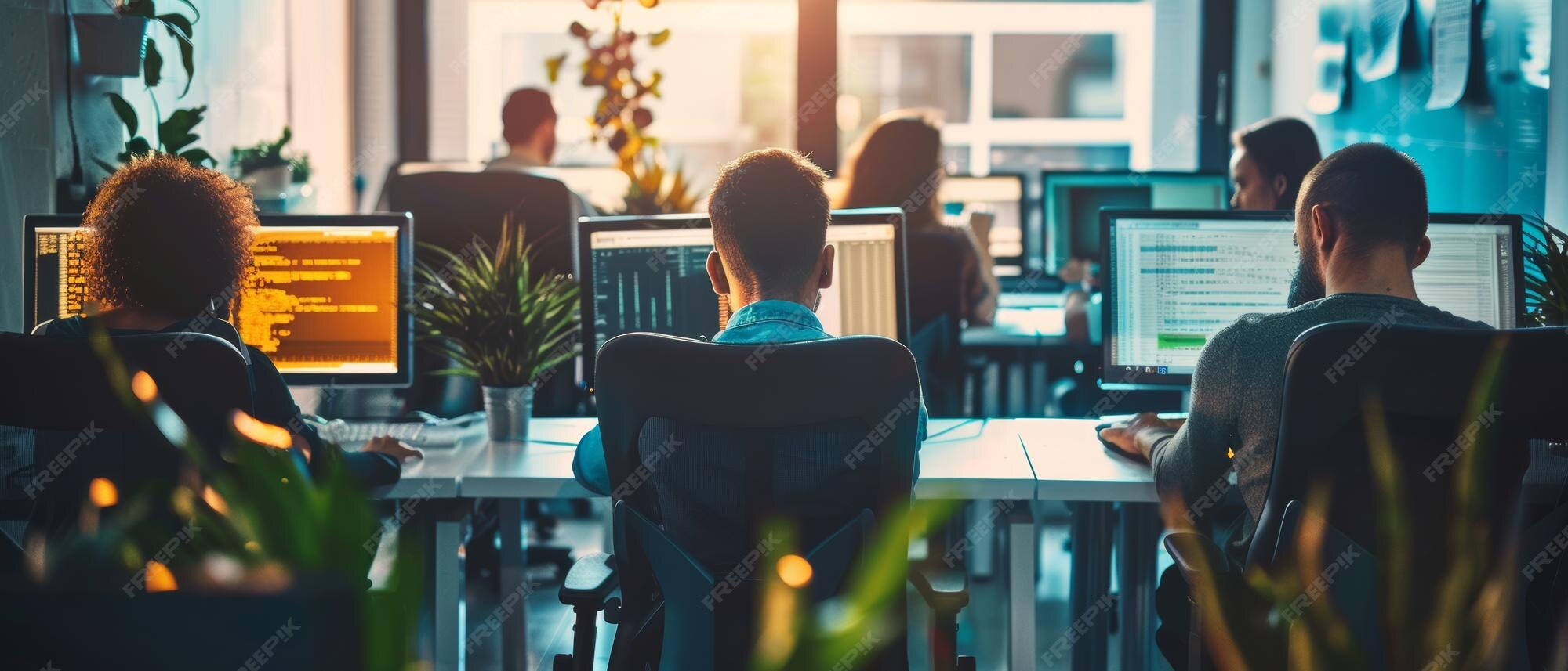 Premium Photo | Back view of a team of technology engineers working on desktop computers Screens ...