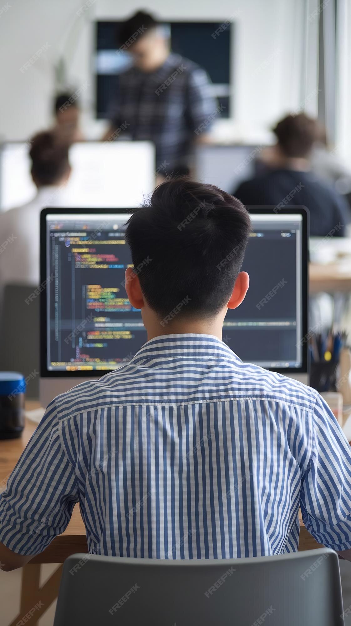 Back view young asian man sitting at desk using computer programming ...