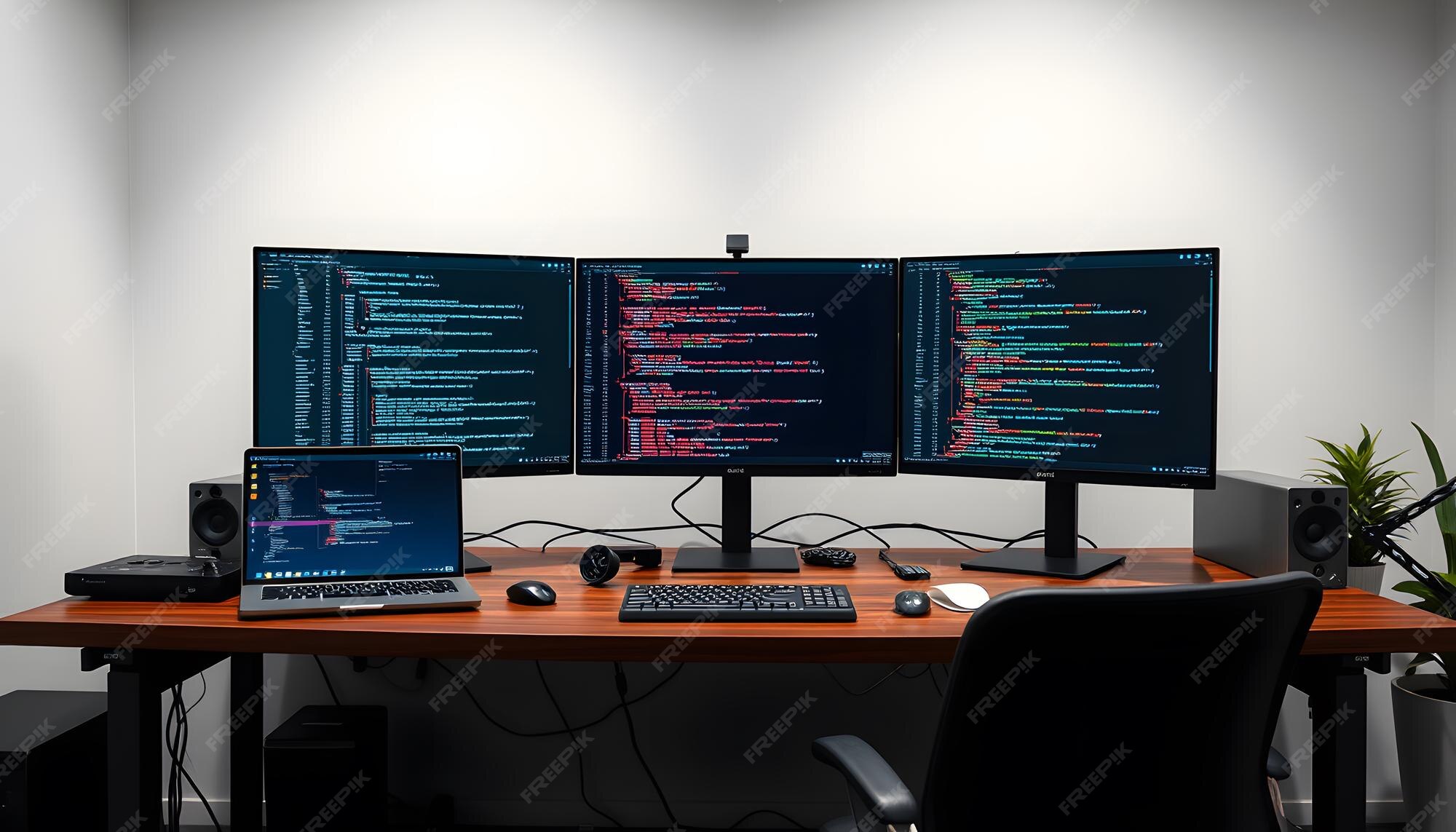 Background shot of empty programmer desk setup with laptop and multiple computer screens ...