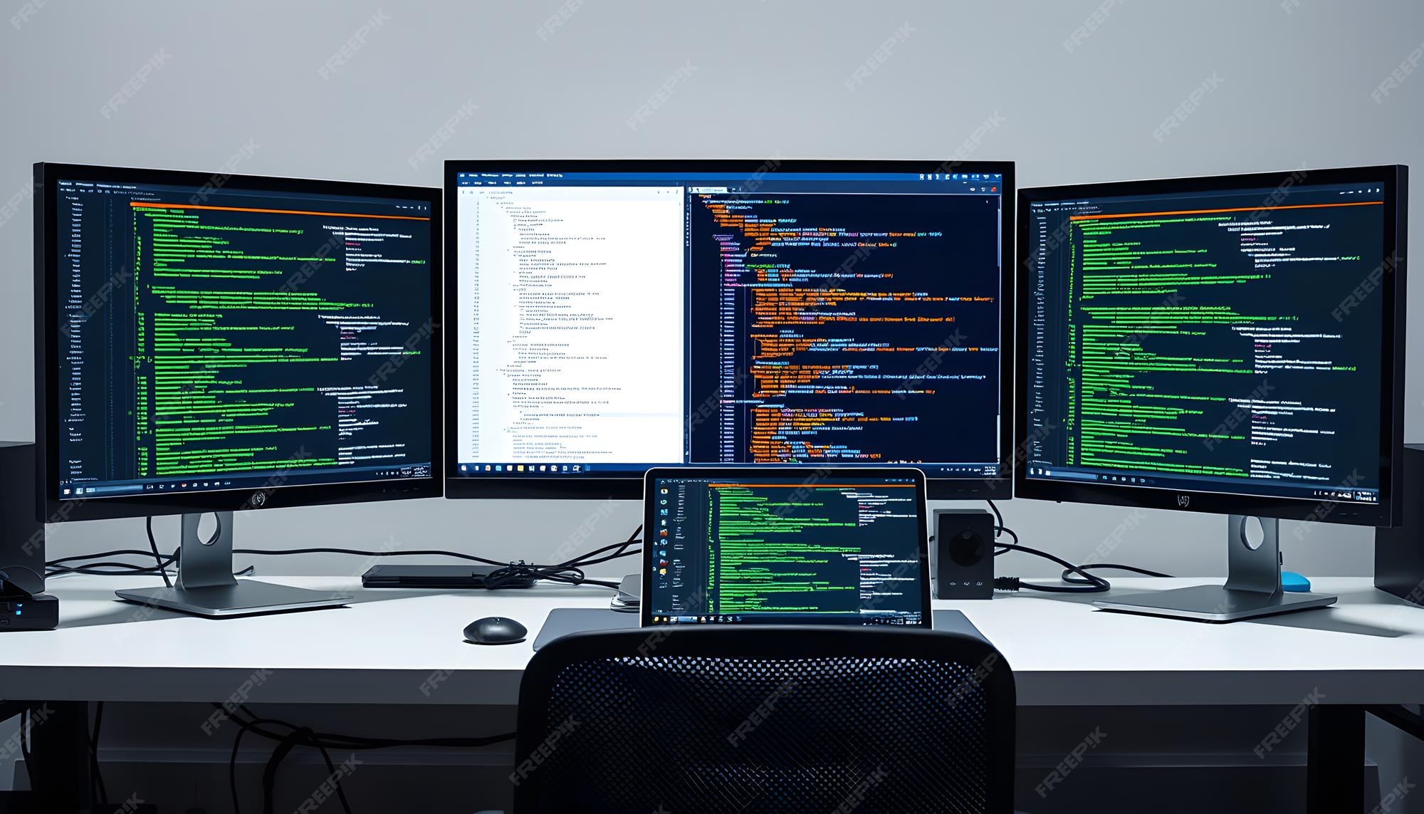 Background shot of empty programmer desk setup with laptop and multiple computer screens ...