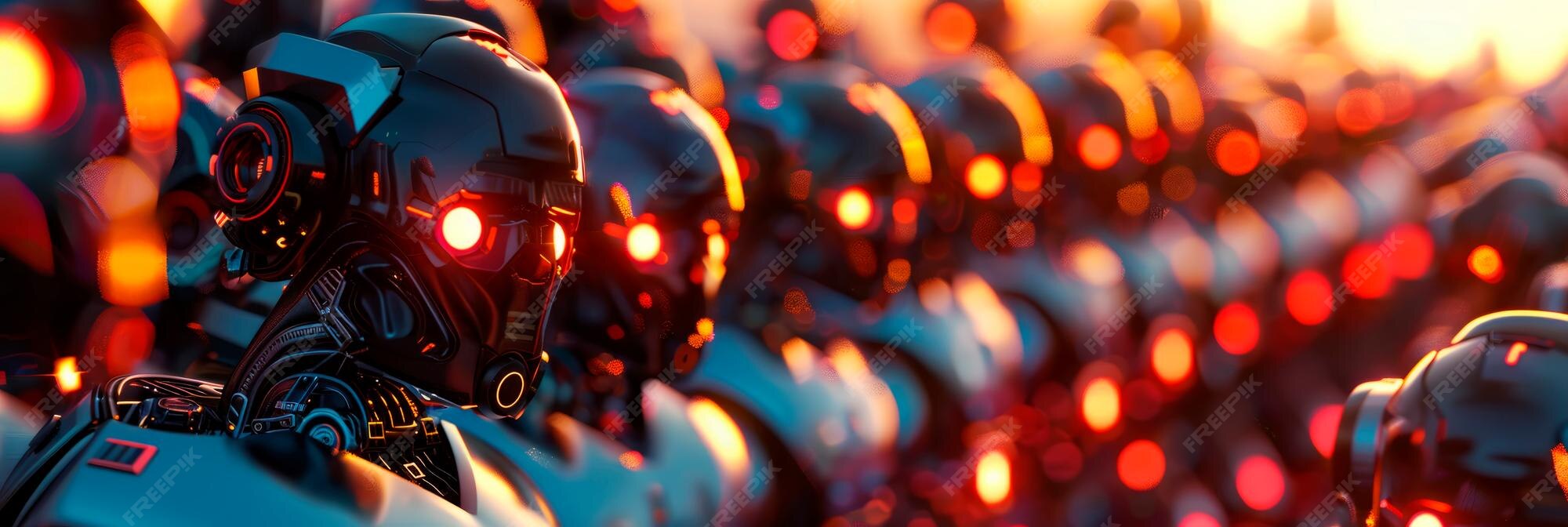 Background with an army of advanced robots technologies representing ...