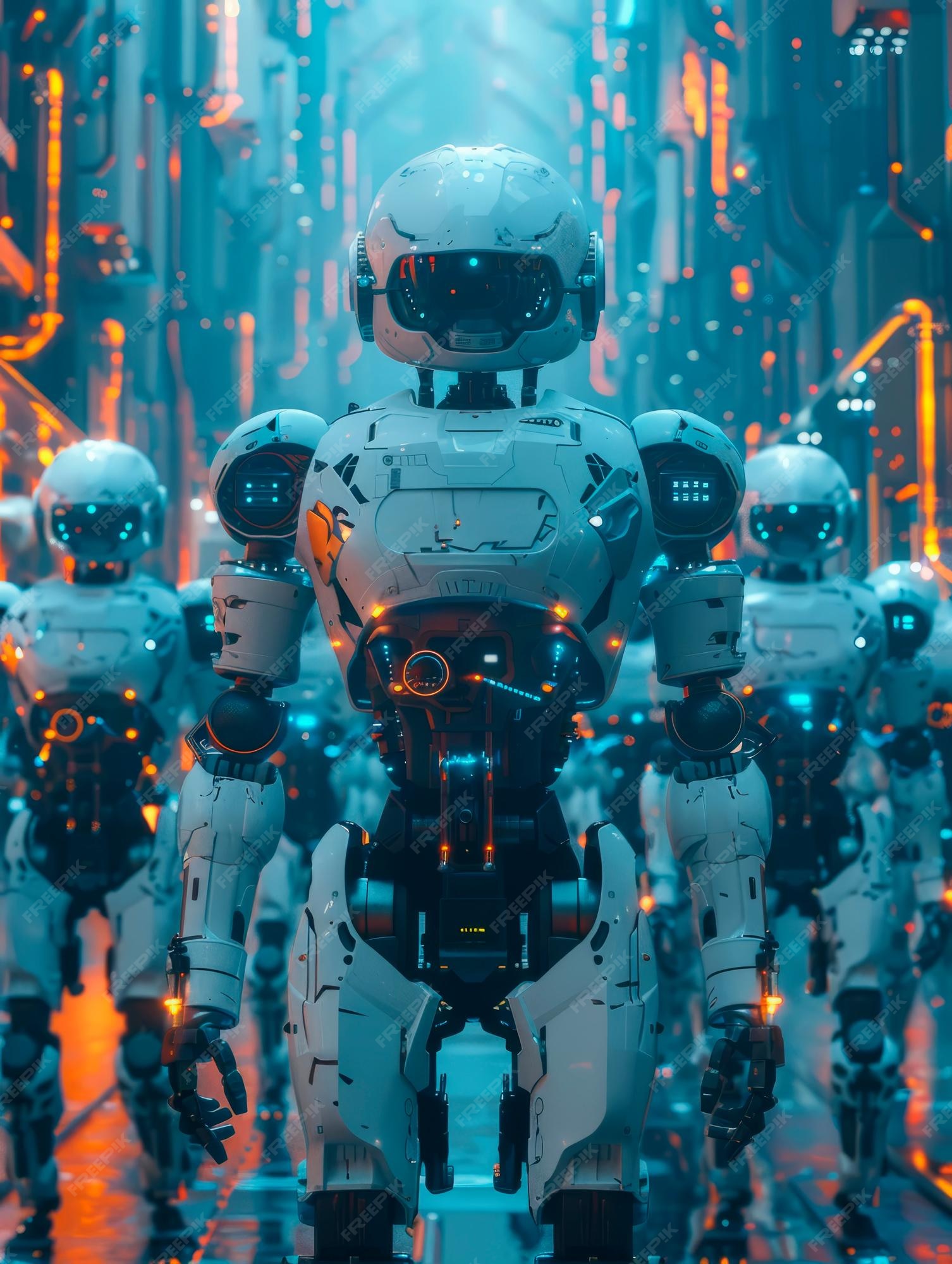 Premium Photo | Background with an army of advanced robots technologies ...