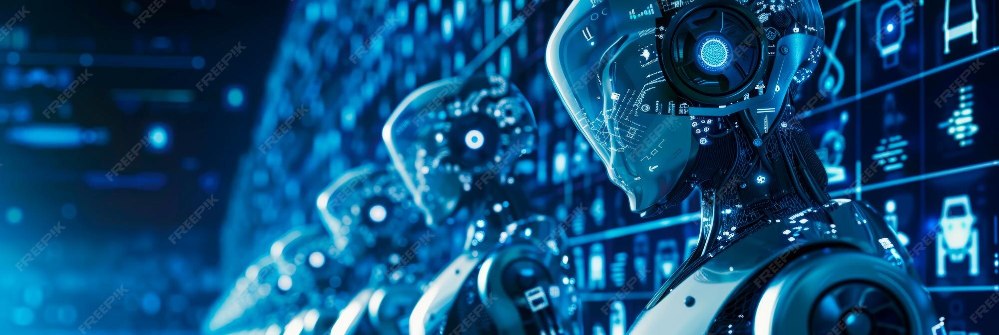 Premium Photo | Background with an army of advanced robots technologies ...