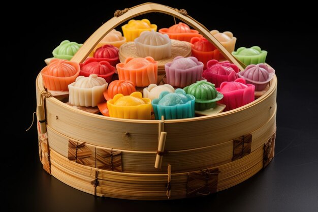 Premium AI Image | Bamboo steamer filled with colorful dim sum Premium AI Image | Bamboo steamer filled with colorful dim sum