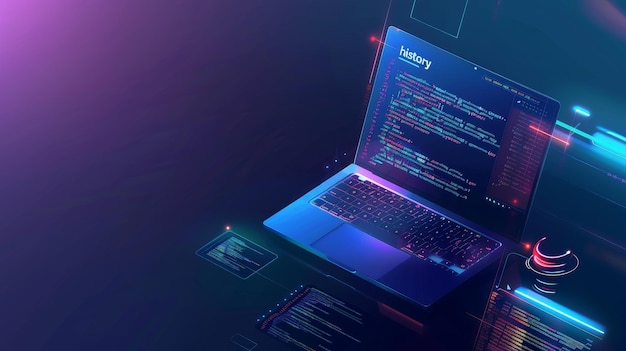 The banner is a 3D realistic laptop with browser windows The laptop has ...