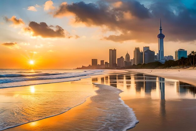 Premium Ai Image The Beach At Sunset With The City Skyline In The Background