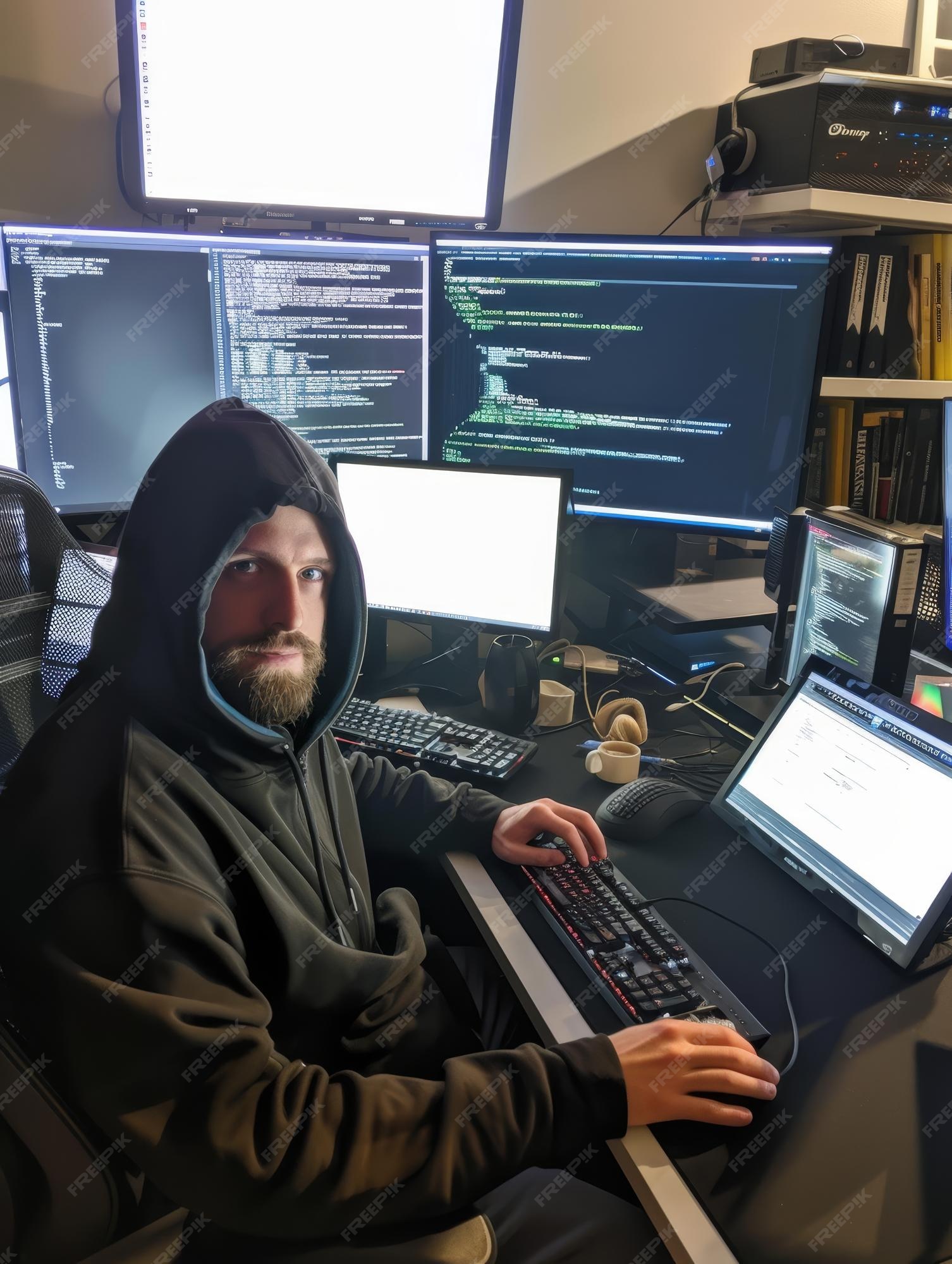 Premium Photo | Bearded hacker in a dark room working intently on a ...