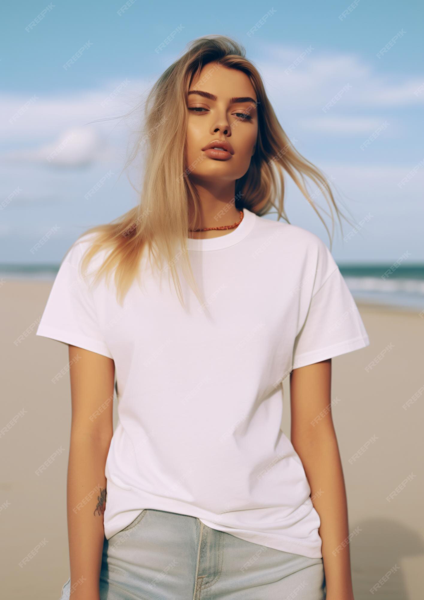 Premium Ai Image Beautiful Blond Surfer Woman Wearing Blank White Tshirt At The Beach White