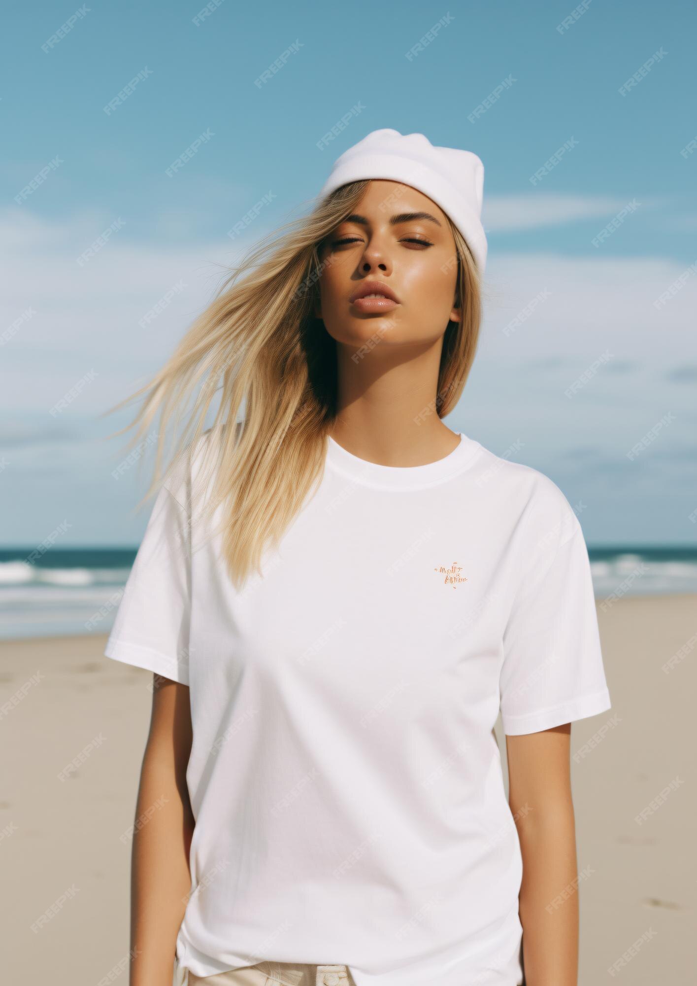 Premium Ai Image Beautiful Blond Surfer Woman Wearing Blank White Tshirt At The Beach White
