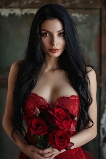 Premium Ai Image Beautiful Brunette With Long Black Hair Wearing A