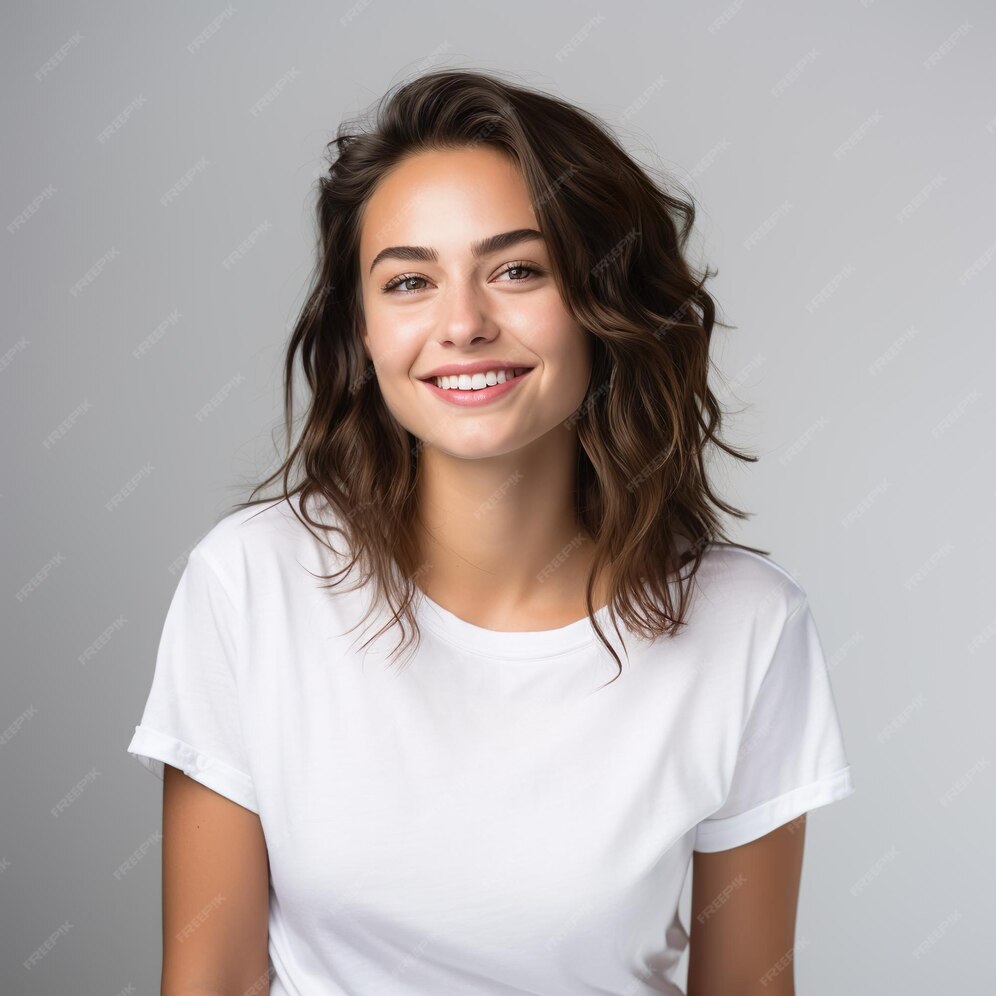 Premium Photo A Beautiful Female In A White Tshirt Smiling