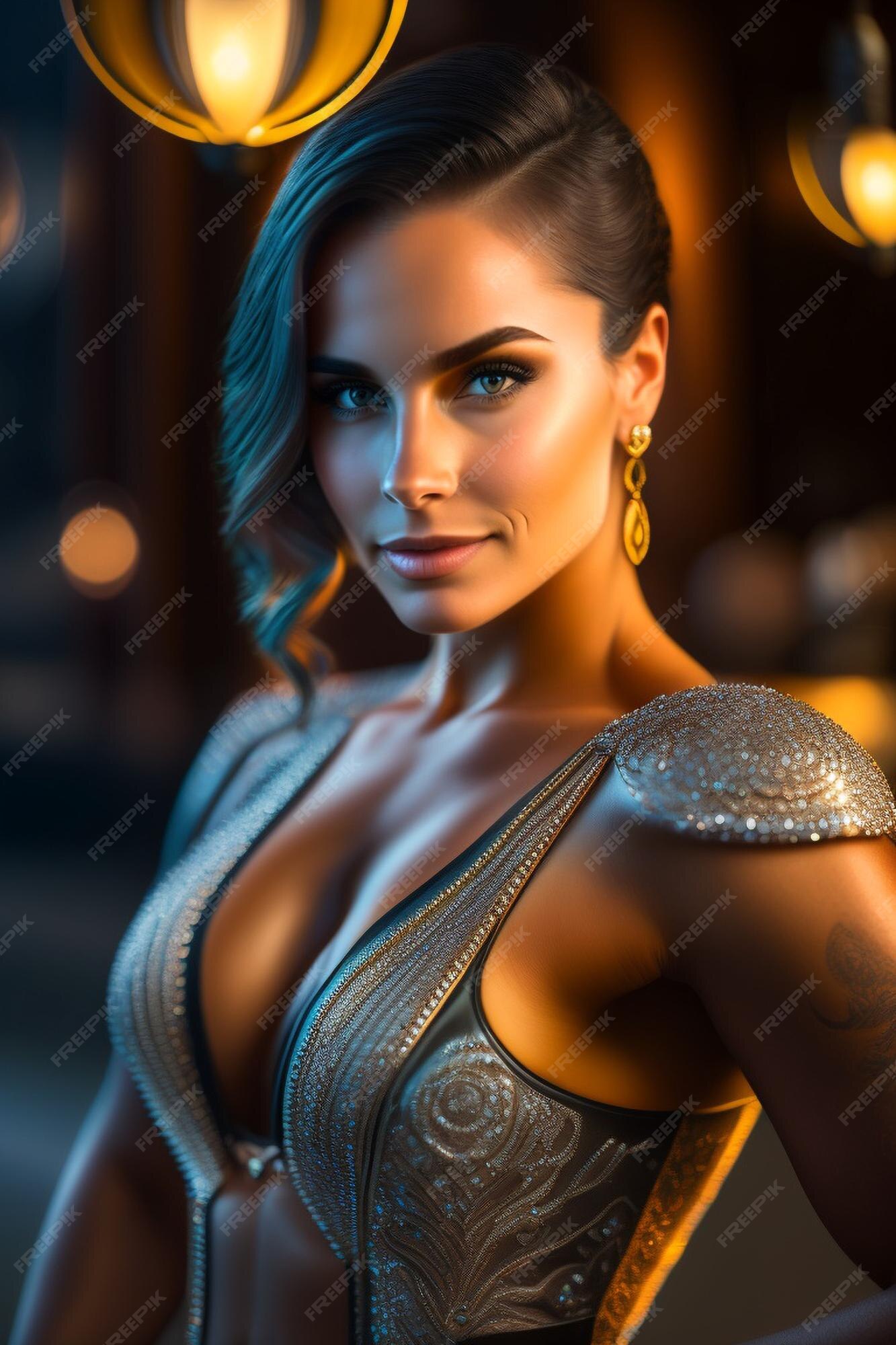 Premium Photo A Beautiful Fit Brunette In Short Clothes In A Pub At Night Generative Ai3