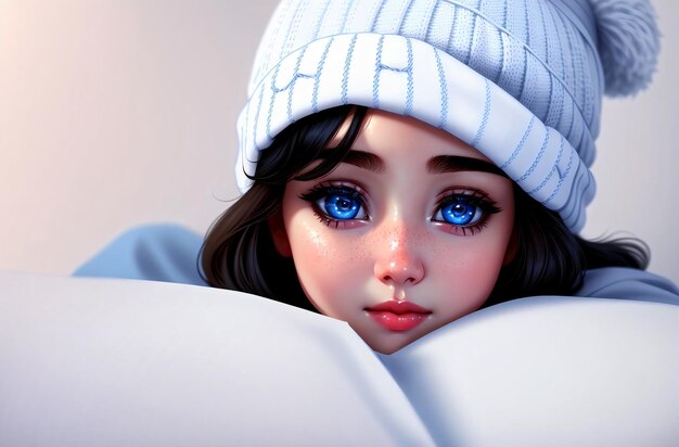 Premium Ai Image Beautiful Girl With Big Blue Eyes In Knitted Hat