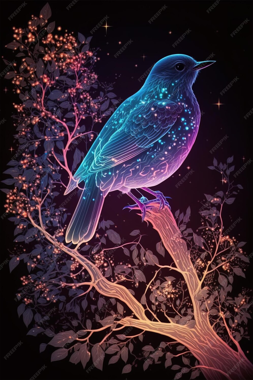 Premium AI Image | Beautiful glowing bird on sparkling tree Premium AI Image | Beautiful glowing bird on sparkling tree