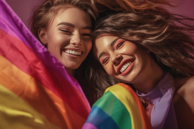 Premium Photo A Beautiful And Happy Gay Lesbian Couple With Rainbow