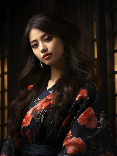 Premium Ai Image Beautiful Japanese Woman Long Black Hair Wearing Kimono