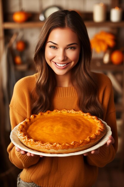 Premium Ai Image Beautiful Woman Holding Fresh Pumpkin Pie Traditional American Homemade