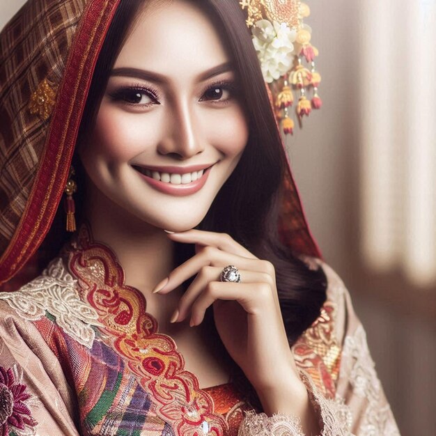 Beautiful Woman Wearing Traditional Indonesian Clothing Premium Ai