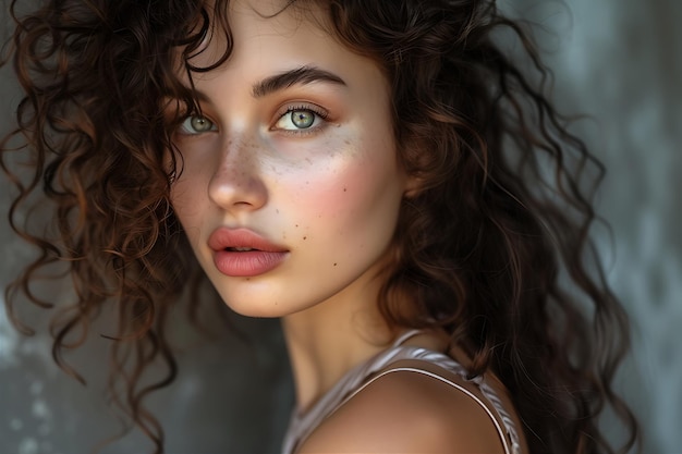 Beautiful Woman With Curly Hair And Attractive Eyes Premium Ai
