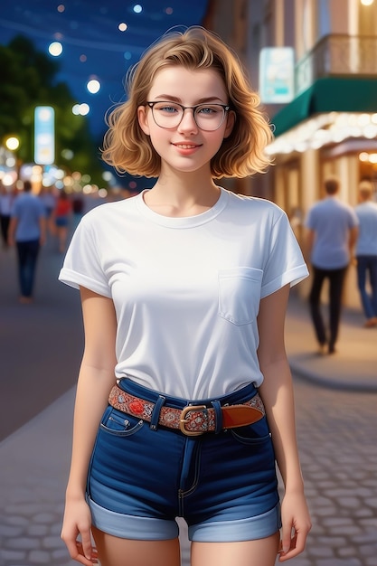 Premium Photo A Beautiful Young Girl Is Wearing Tshirt Jean Shorts And Glasses In Cartoon Style