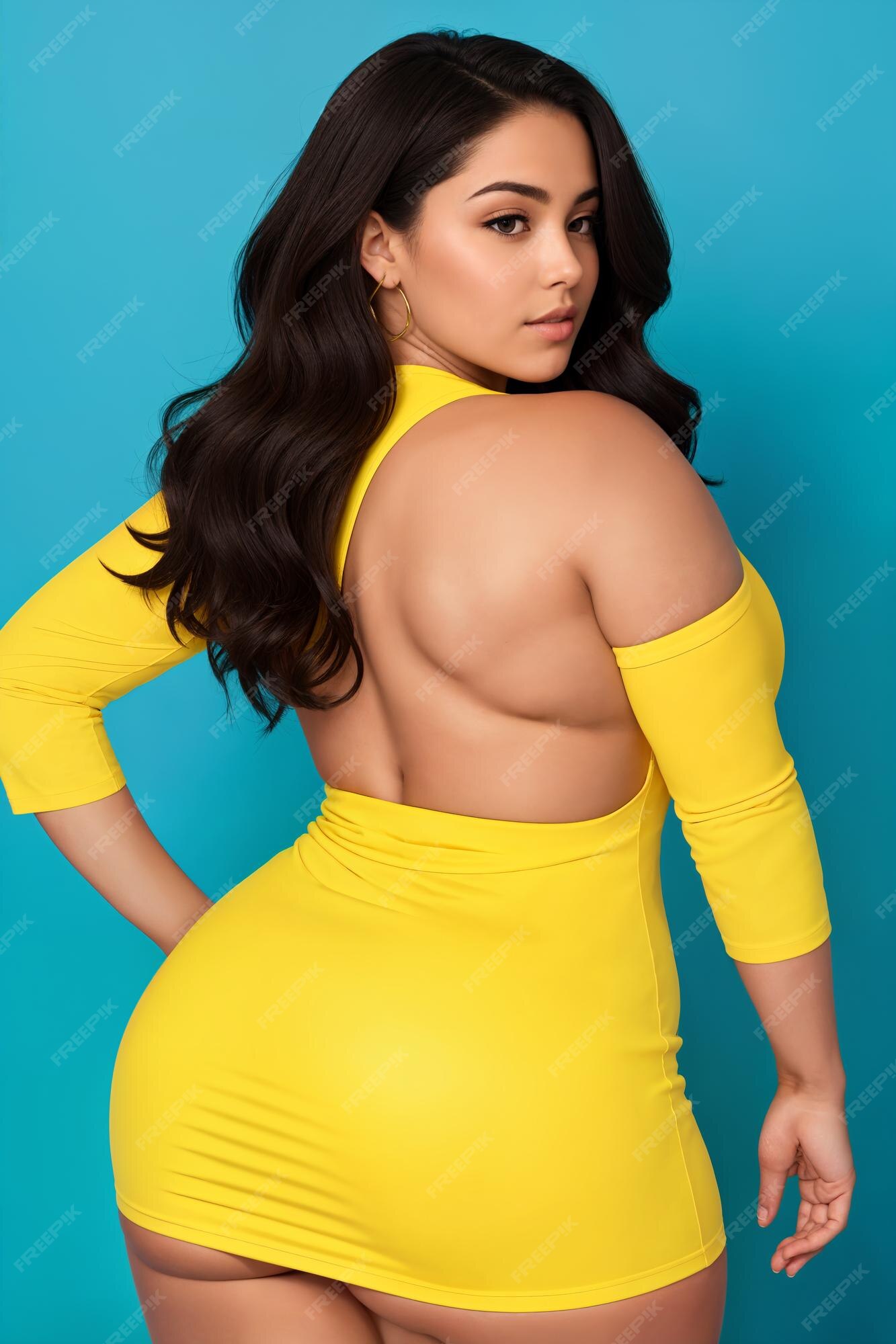 Premium Ai Image Beauty Curve Plus Size Fat Woman In A Yellow Mini