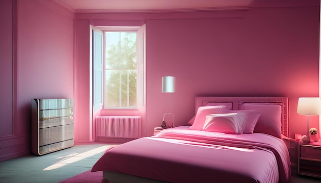 Premium Ai Image A Bedroom With A Pink Bed And A Television