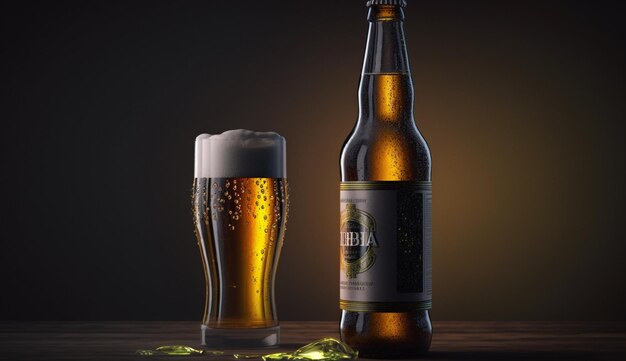 Premium Ai Image Beer Alcohol Drink Bottle With Glass Generative Ai