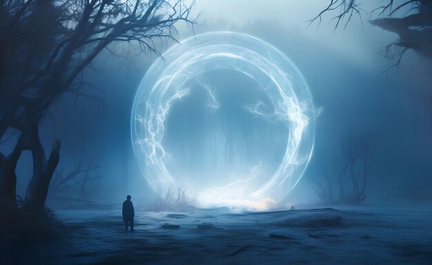 Premium AI Image | A Big Blue Circle with Trees Behind It Premium AI Image | A Big Blue Circle with Trees Behind It