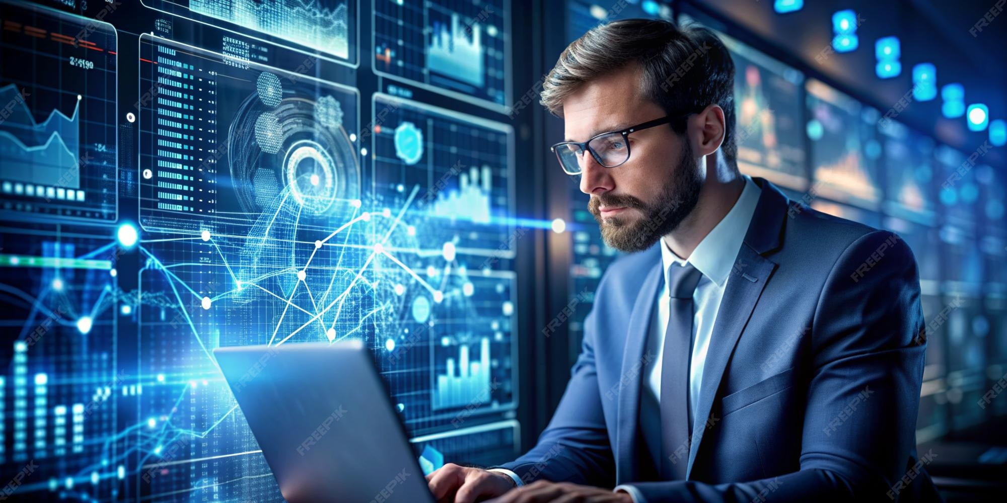 Big data analytics with AI technology Data analyst analyzing and visualizing complex information ...