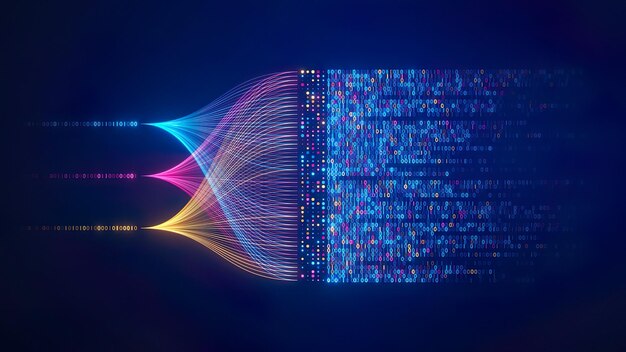 빅 데이터 기술 및 데이터 과학 일러스트레이션 데이터 흐름 개념 쿼리 분석 복잡한 정보 시각화 인공 지능을 위한 신경망 데이터