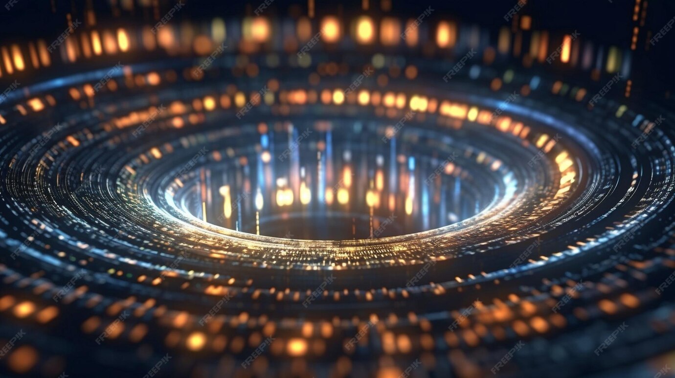 Premium AI Image | Binary code moving through a vortex in the backdrop with depth of field is a ...