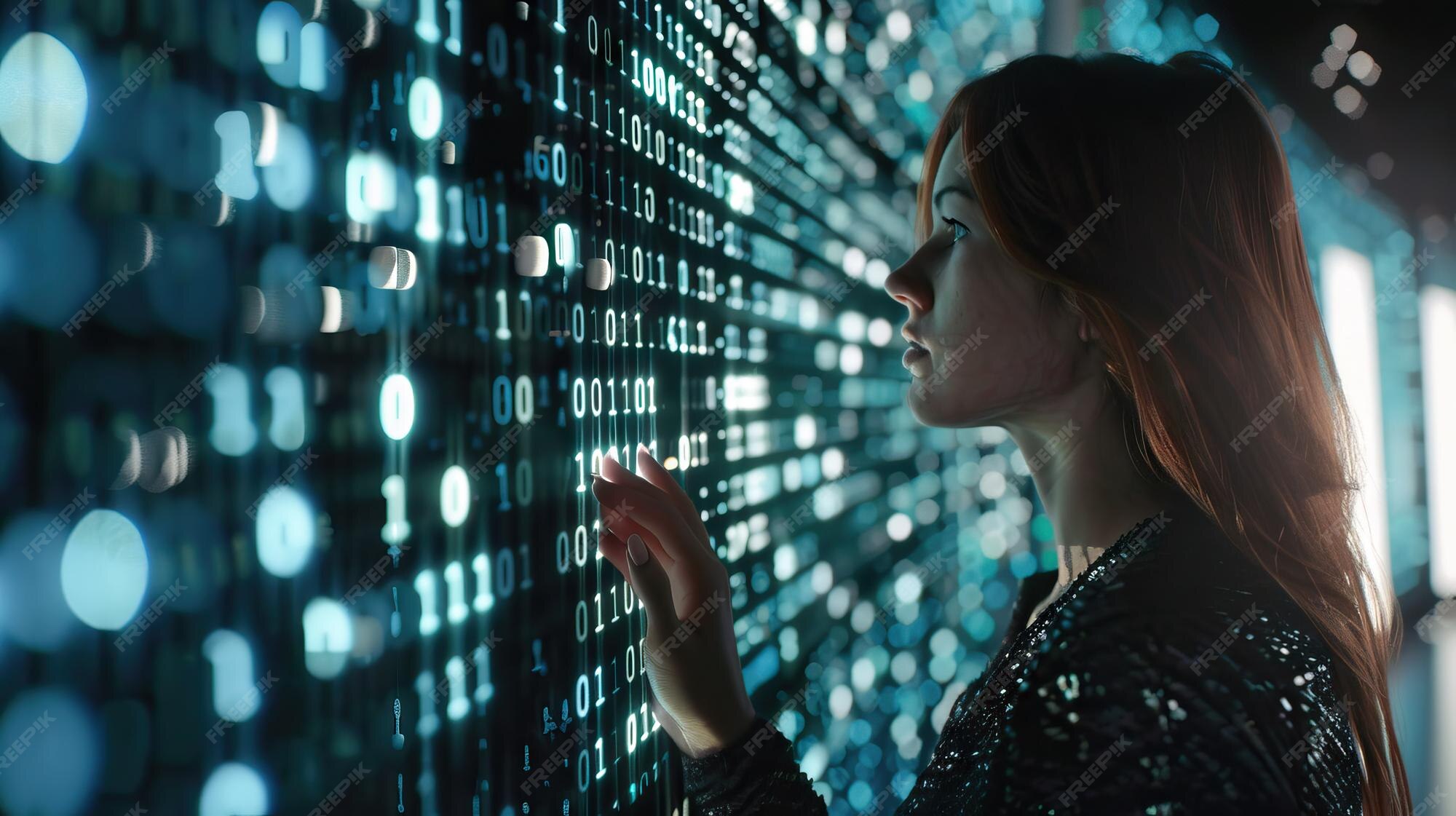 Premium Photo | Binary code Woman working with binary code concept of digital technology binary code