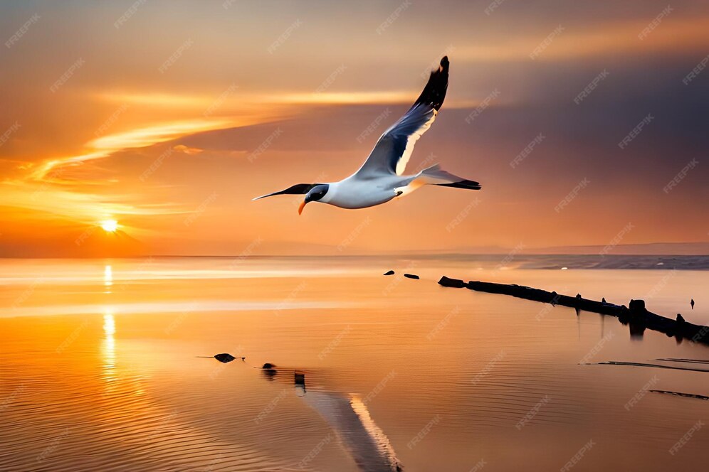 Premium Ai Image A Bird Flying Over The Water With The Sun Setting Behind It