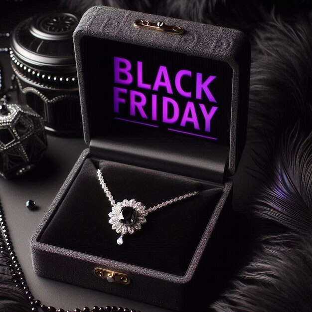 A black friday sale box with a silver necklace and a silver necklace Premium AI generated image