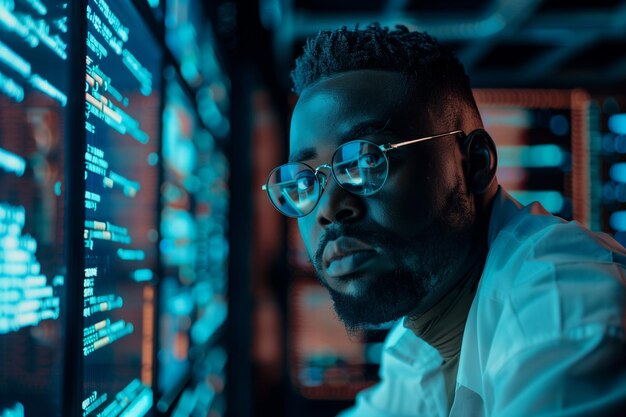 Premium Photo | Black Male Programmer Working in Monitoring Room ... Premium Photo | Black Male Programmer Working in Monitoring Room ...