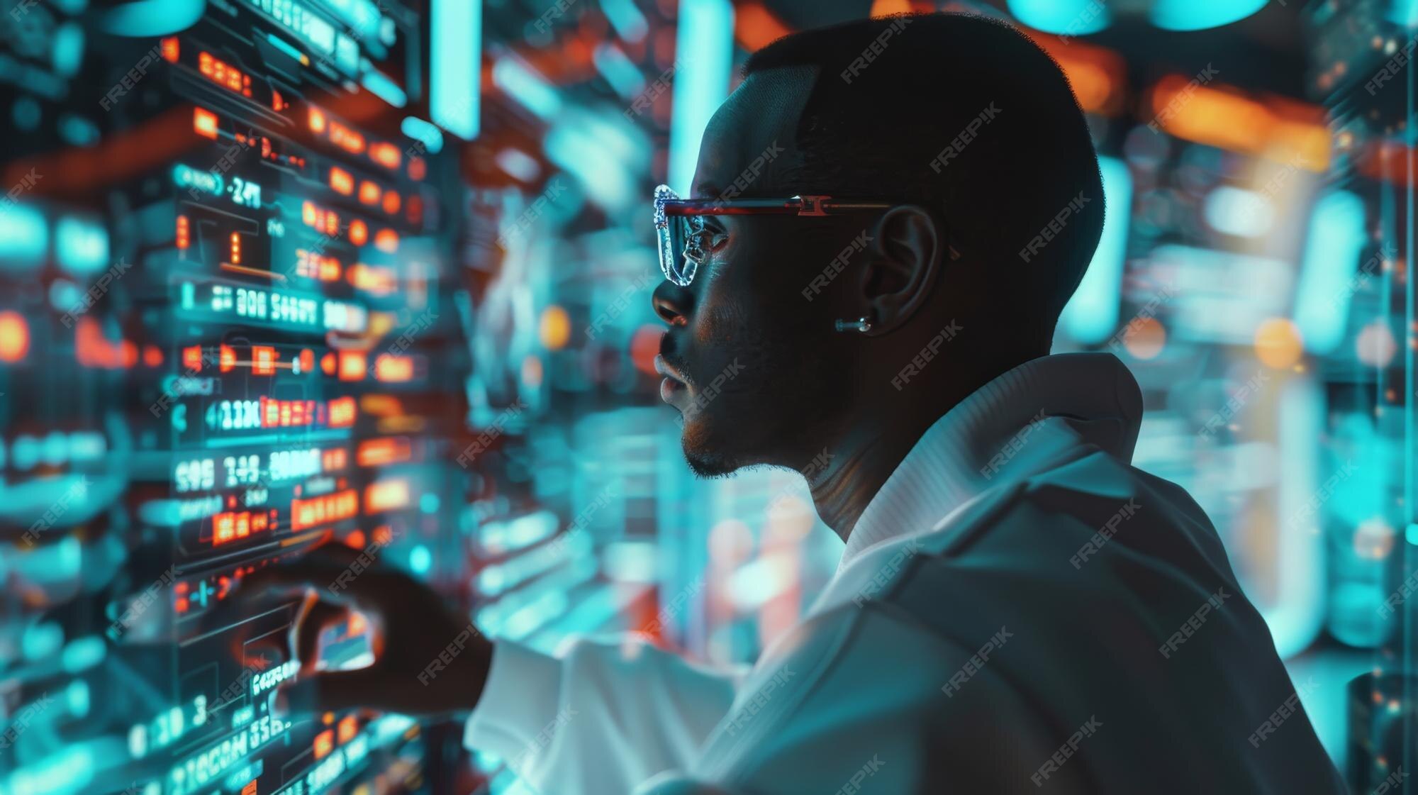 Premium Photo | A black male programmer works in a monitoring room surrounded by large screens ...
