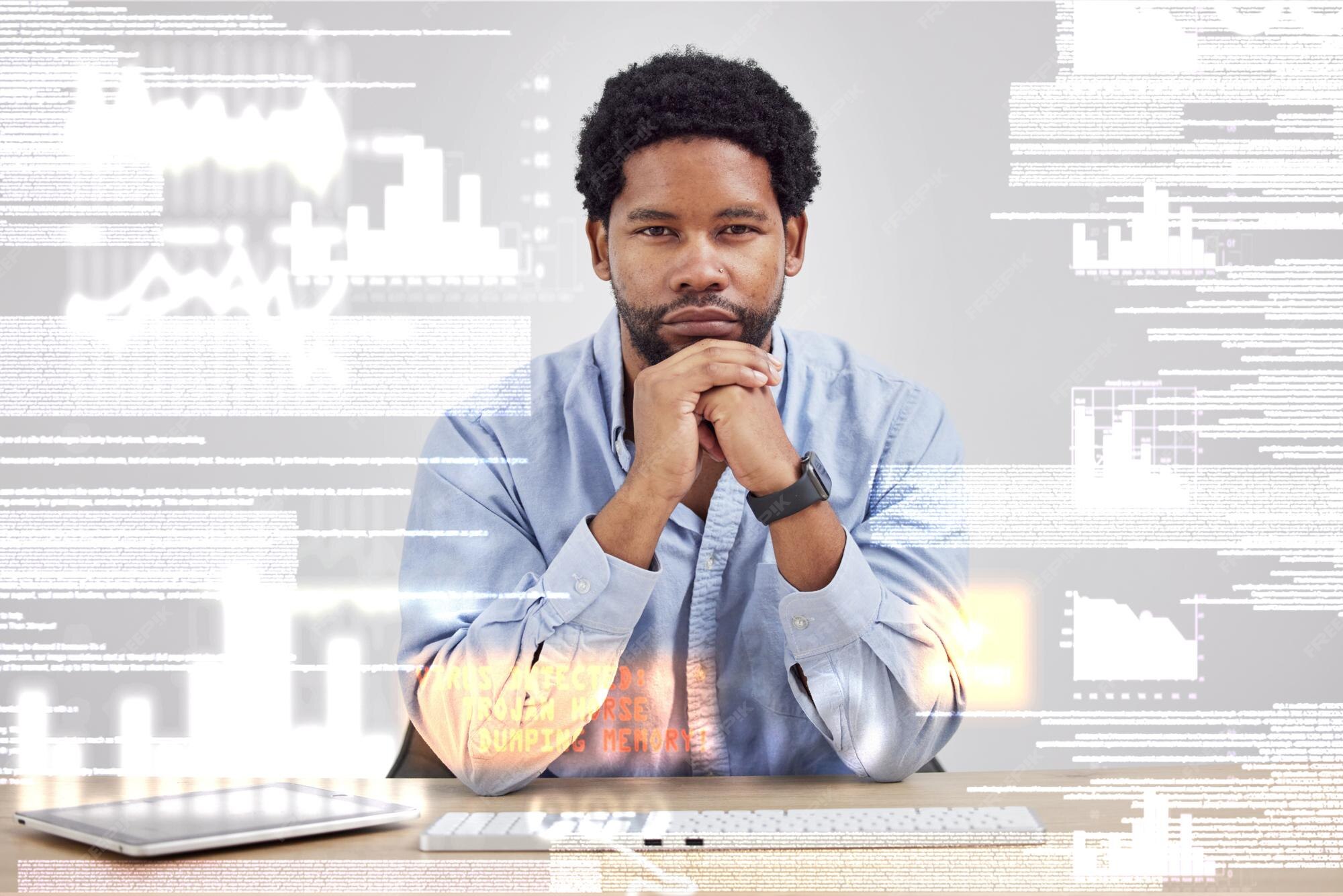 Premium Photo | Black man portrait and dashboard coding and hologram ...