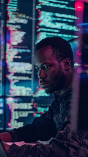 Black man a professional programmer an IT specialist reading an html script dealing with ...