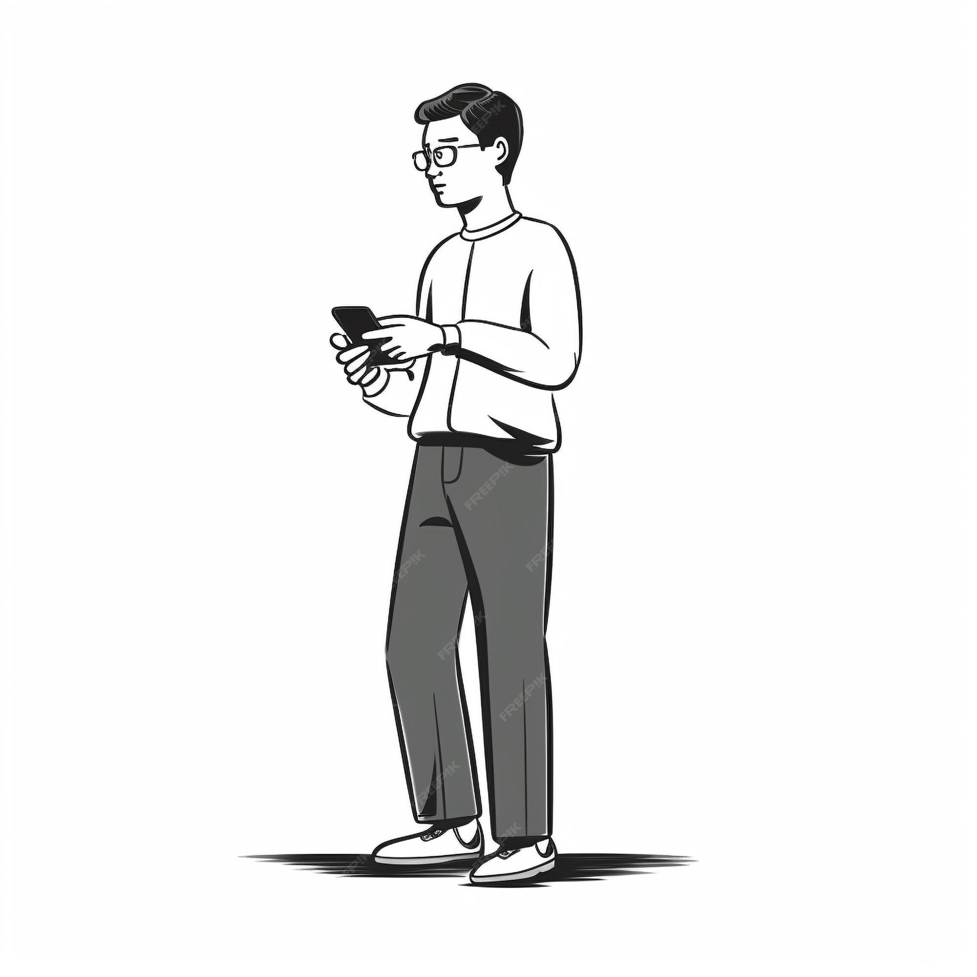 Premium Ai Image Black And White Illustration Of A Man Holding Mobile