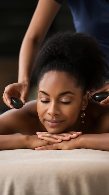 Black Woman Enjoying A Relaxing Hot Stone Massage Premium Ai Generated Image