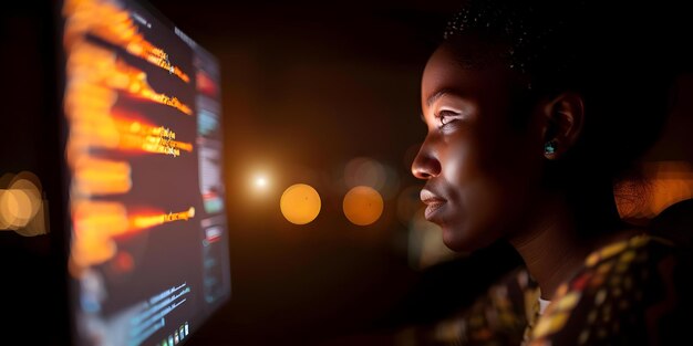 Black woman IT developer working on a computer in a dimly lit office ... Black woman IT developer working on a computer in a dimly lit office ...