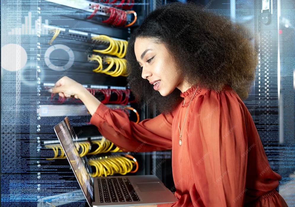 Premium Photo | Black woman laptop and server with internet connection ...