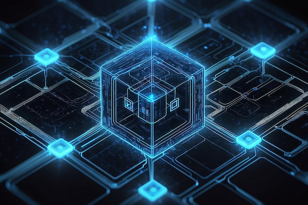 Blockchain network concept Distributed ledger technology Block chain text and computer ...