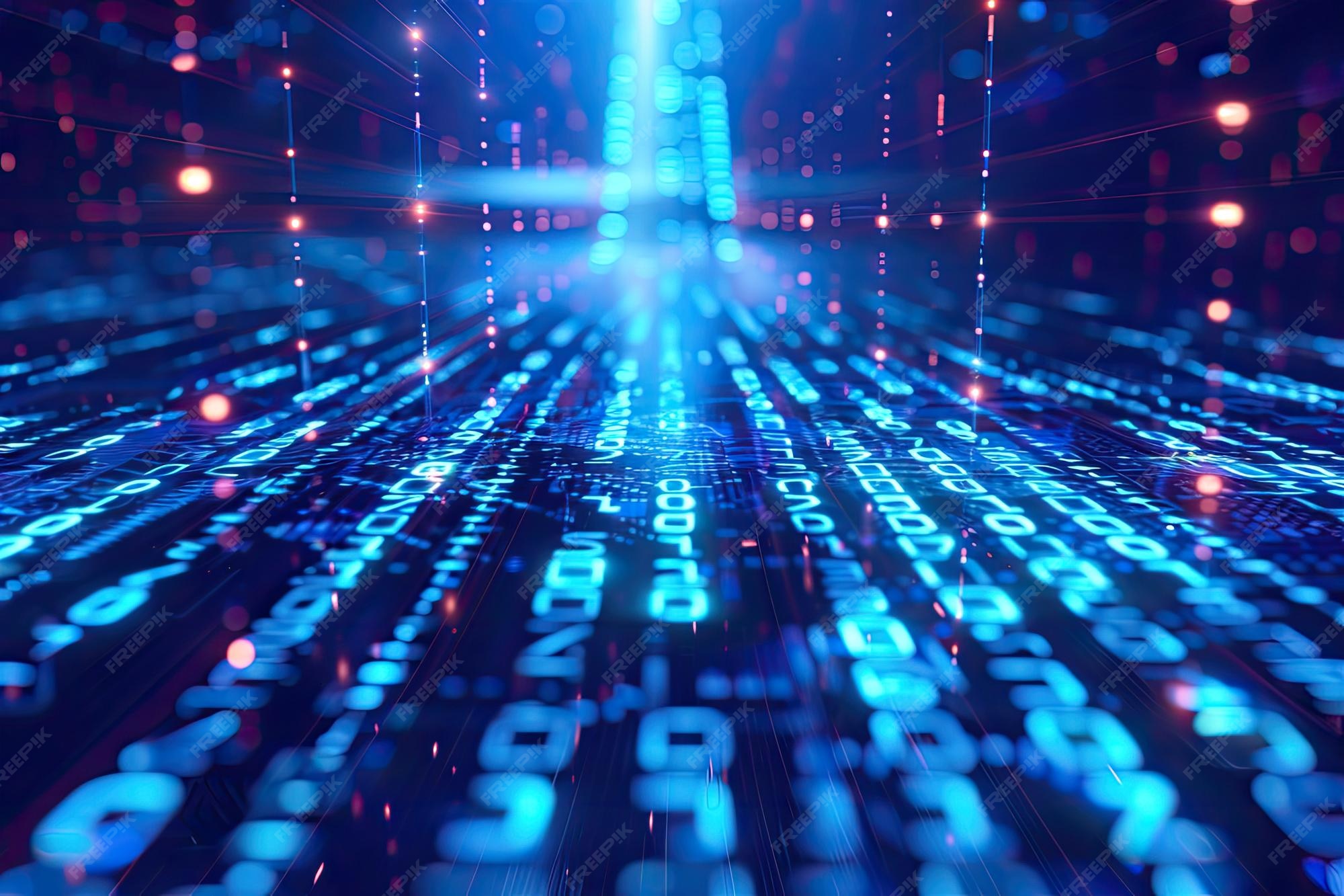 Blue Digital Binary Data Network With Coding And Software Algorithm