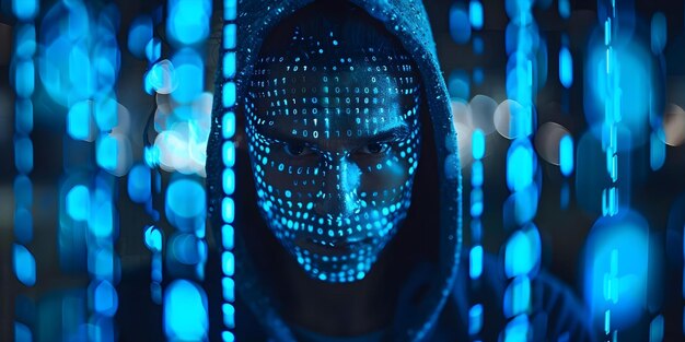 Blue glow of a digital hacker with cybersecurity tools and binary code ...