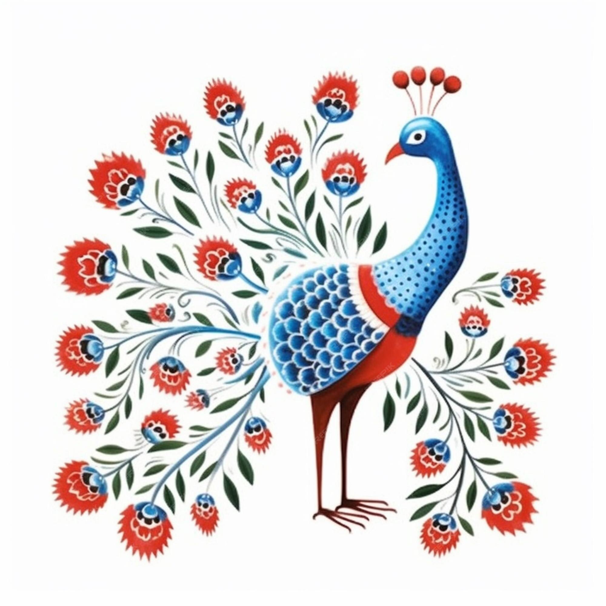 Premium Photo A Blue And Red Peacock With Flowers And Leaves On A White Background Generative Ai