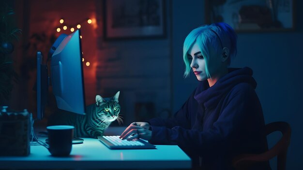 Premium Ai Image Bluehaired Caucasian Girl Using Computer Sitting At Home Office Neural
