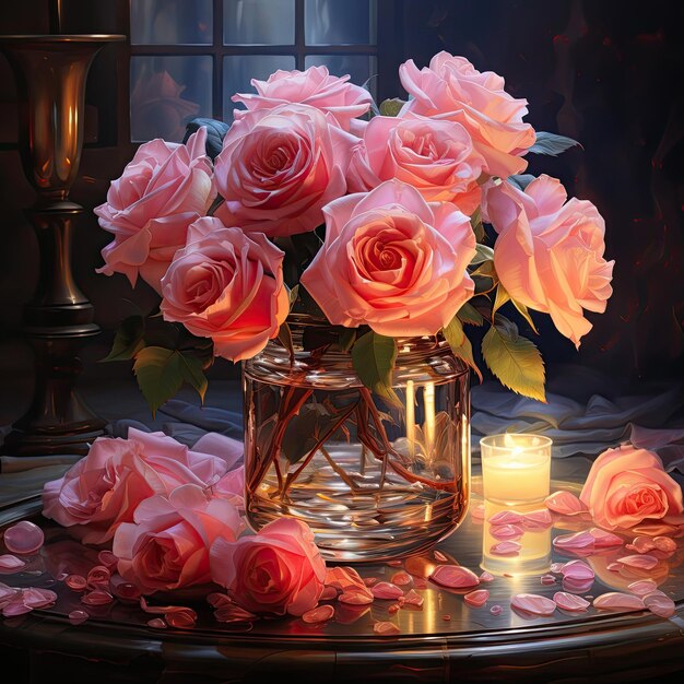 Premium Photo Bouquet Of Pink Roses In A Glass Vase On The Table