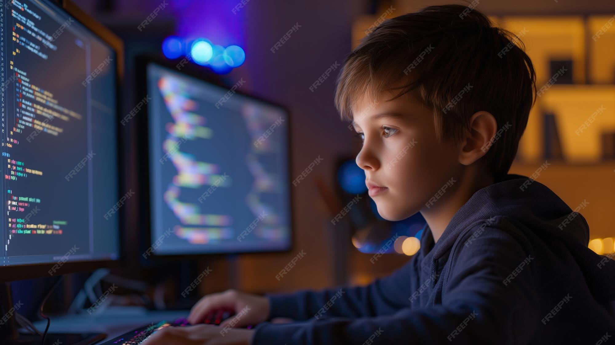 Premium AI Image | A boy is immersed in programming creating and ...